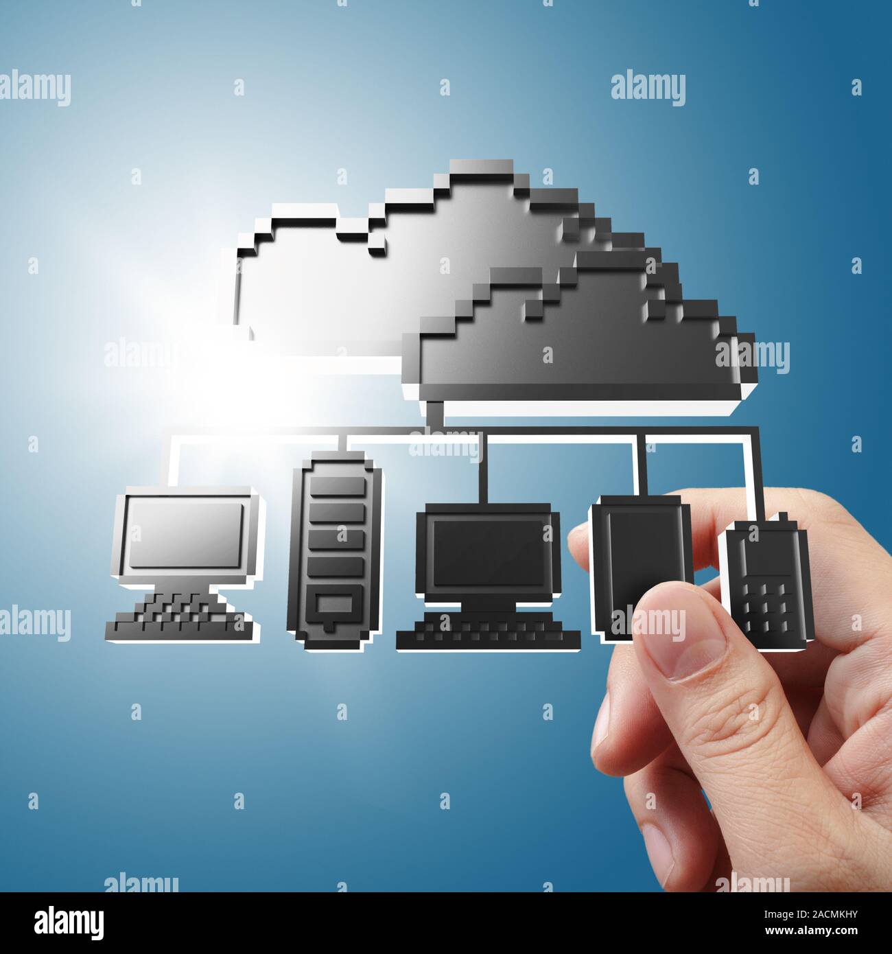 hand holds pixel cloud network icon sign Stock Photo - Alamy