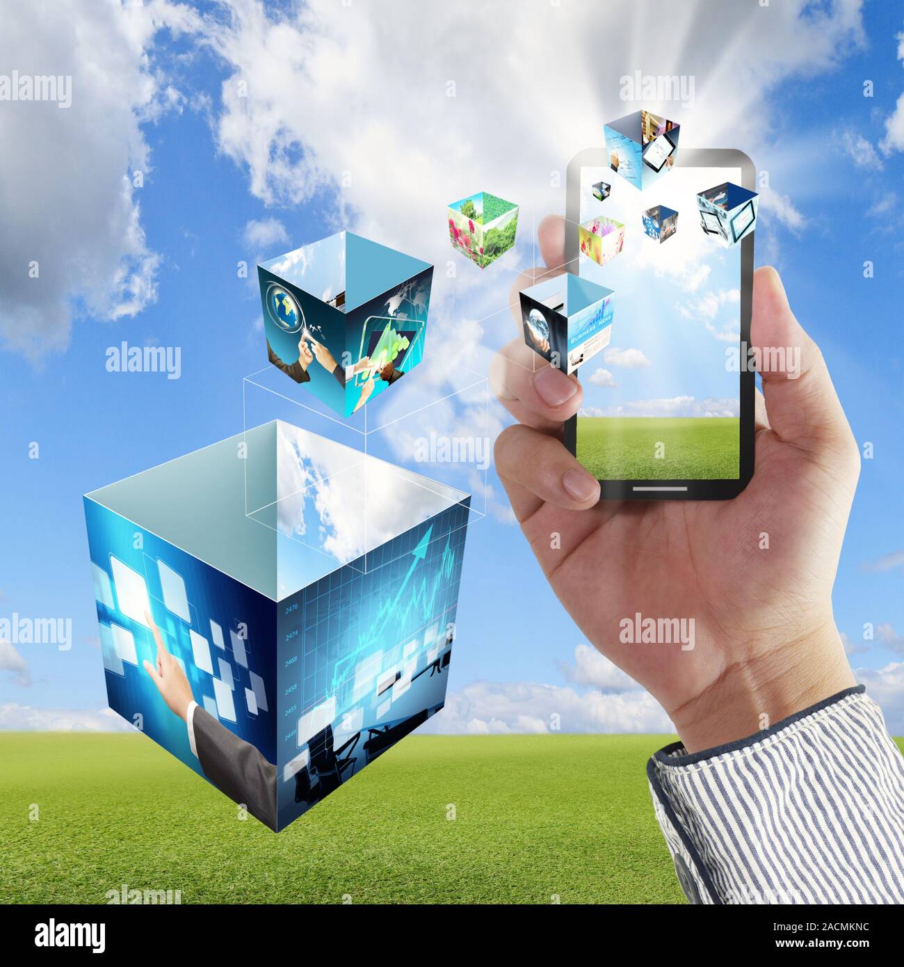 hand shows touch screen mobile phone with streaming images Stock Photo ...