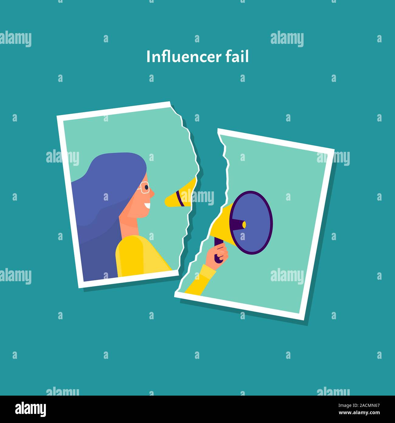 Torn photo of female influencer. Lost trust concept. Blue background ...