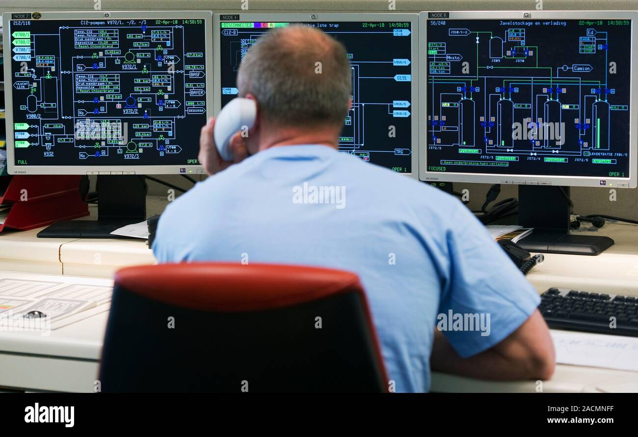 Chlorine production control room. Controller monitoring screens at a ...