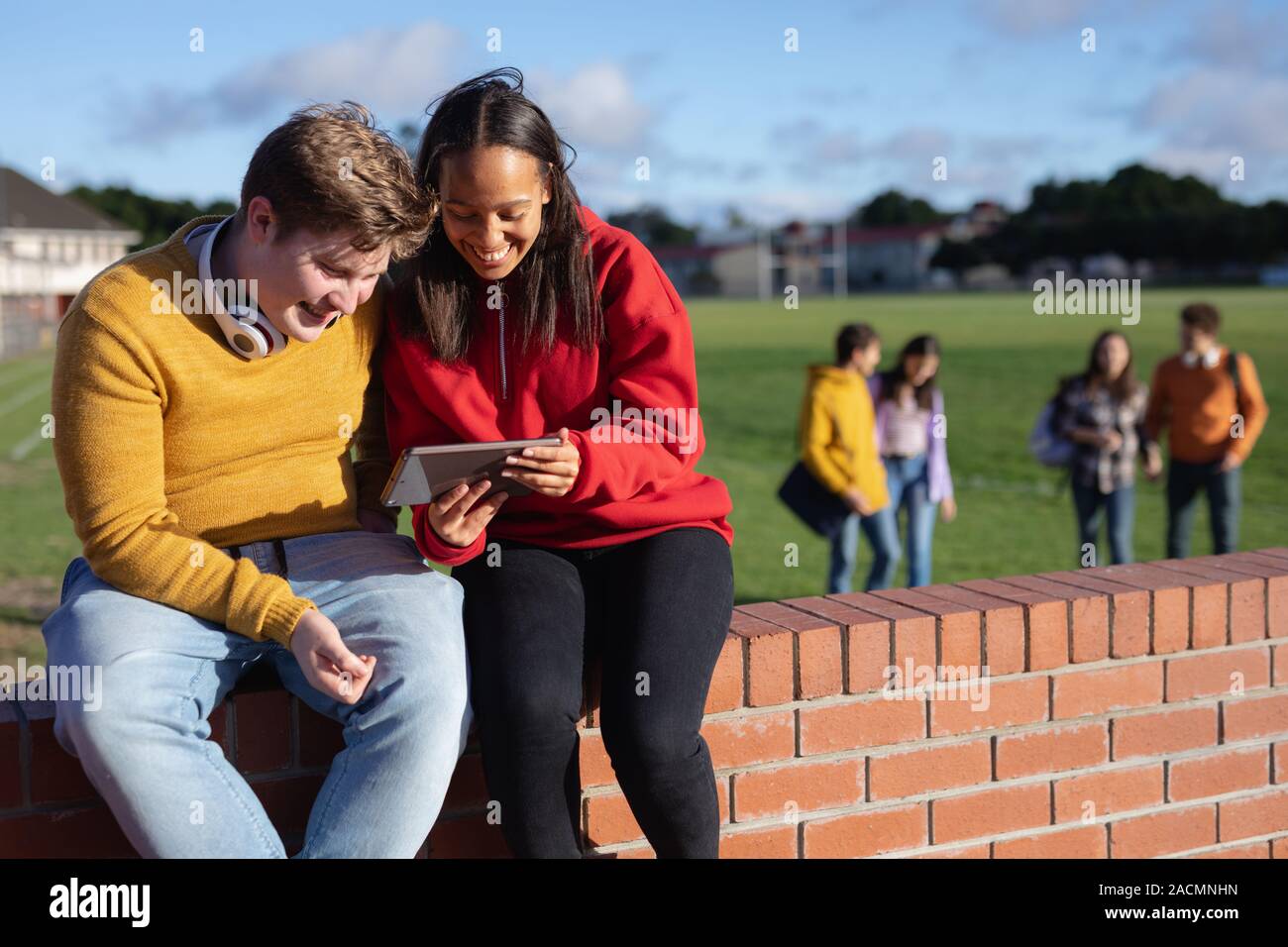 Teenagers hanging out in their school grounds Stock Photo - Alamy
