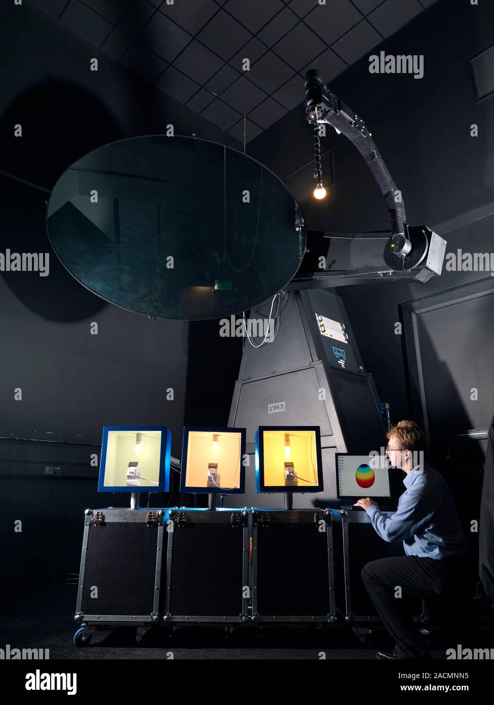 Comparing energy efficient lighting. Researcher comparing three ...