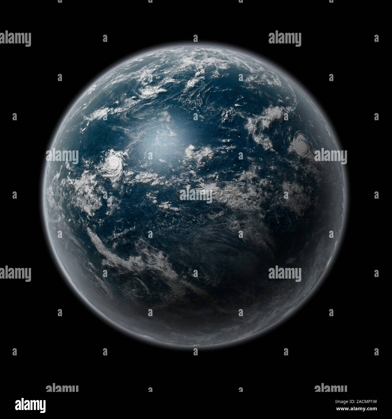 Water world exoplanet. Artwork of an exoplanet with a global ocean and ...