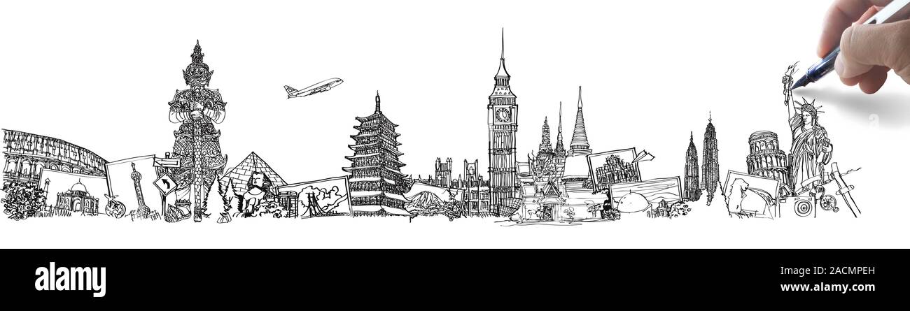 hand drawing the dream travel around the world in a whiteboard Stock ...