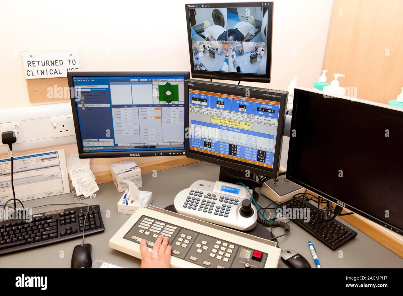 Control panel of a linear accelerator used to produce radiation to ...