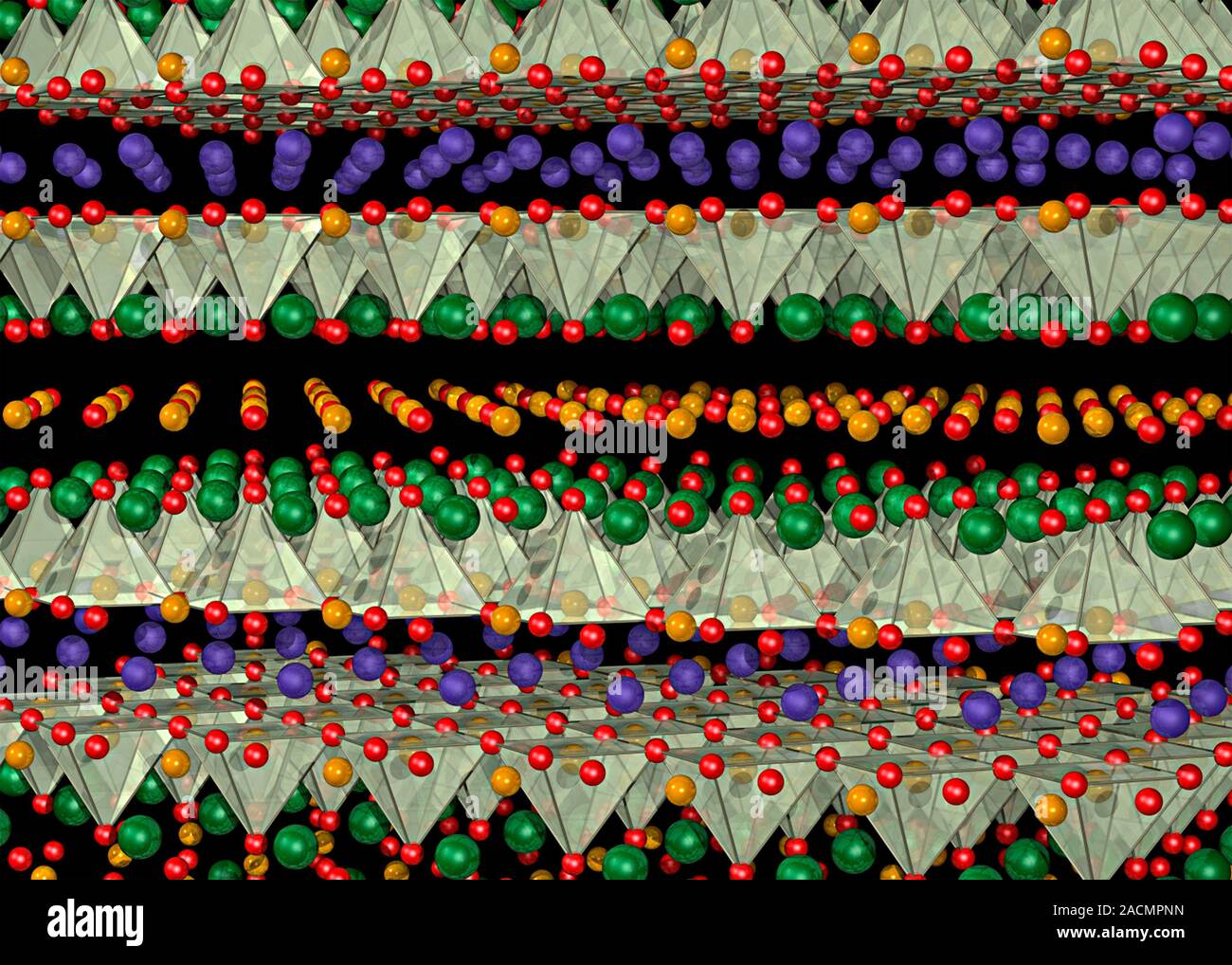YBCO superconductor modelling. Computer model of the crystal structure ...