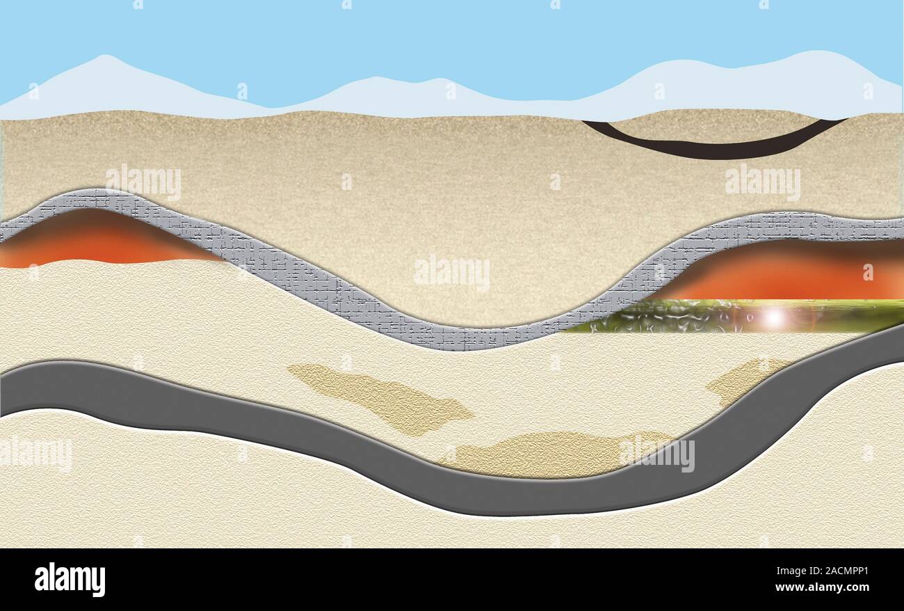 Gas and oil deposits. Artwork of a section through the Earth's crust ...