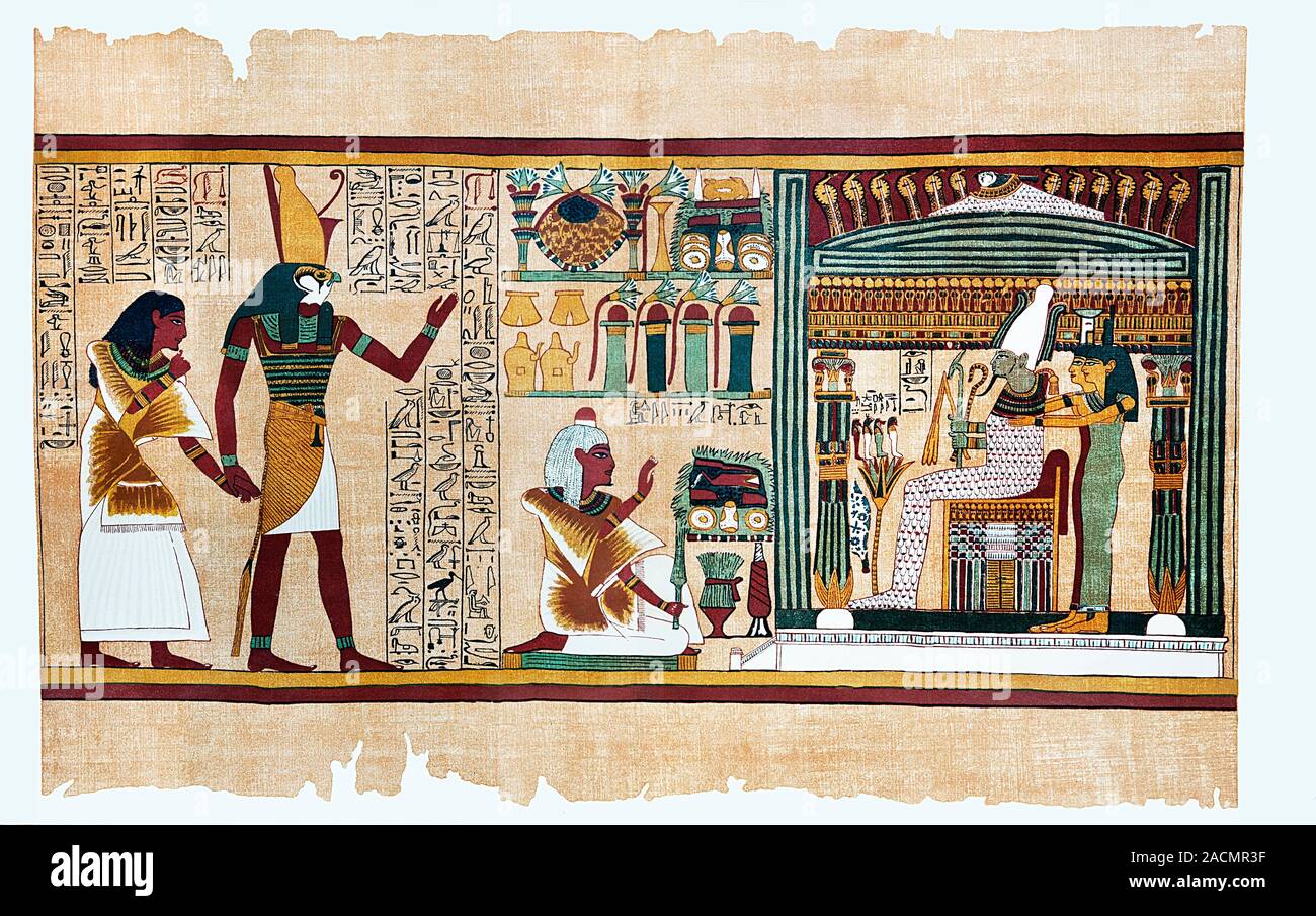 Osiris, the god of the dead and ruler of the underworld, is sitting on his throne wearing a ...