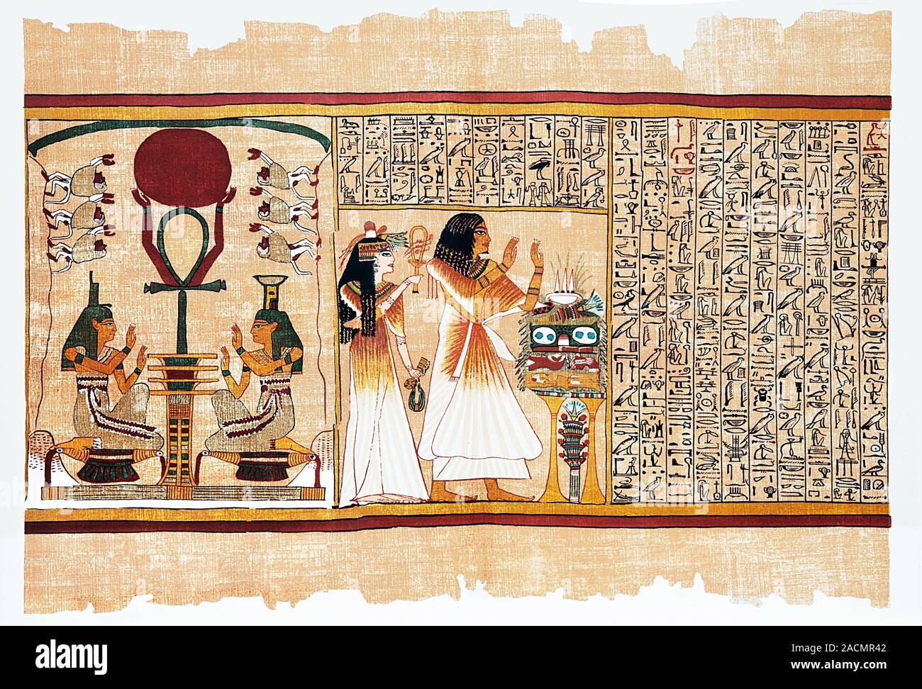 Nephthys and Isis are worshipping the rising sun which is held above ...