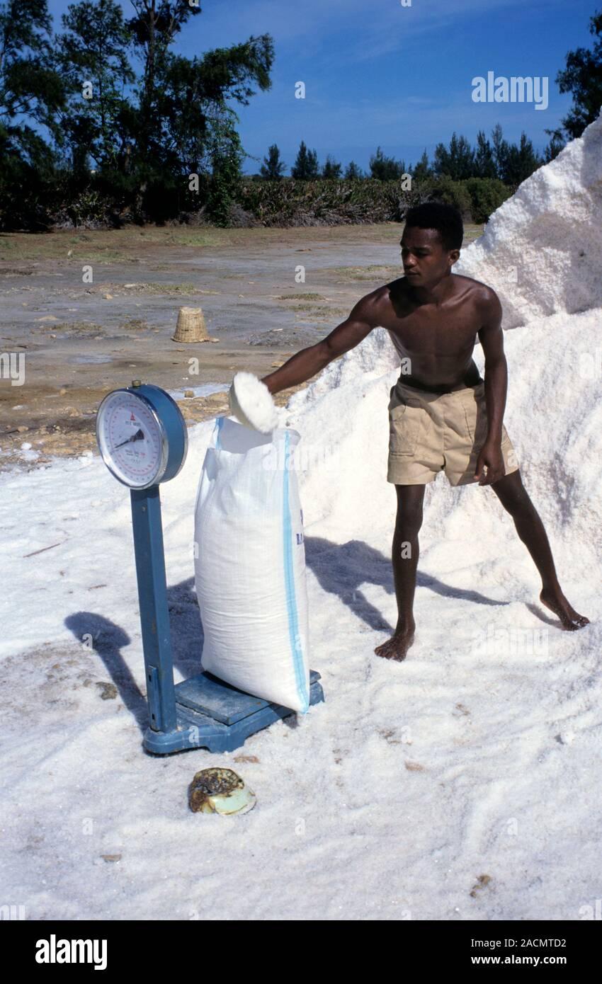 Packing salt. Boy weighing salt into bags. Photographed at Ifaty Salt ...