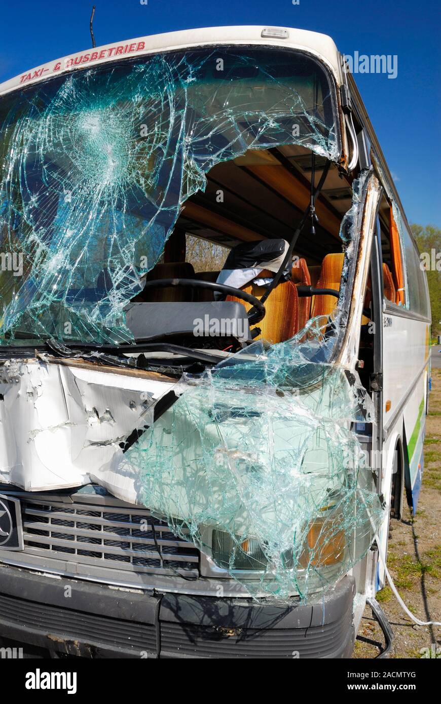 Traffic accident. Front end of a coach damaged during a road traffic ...
