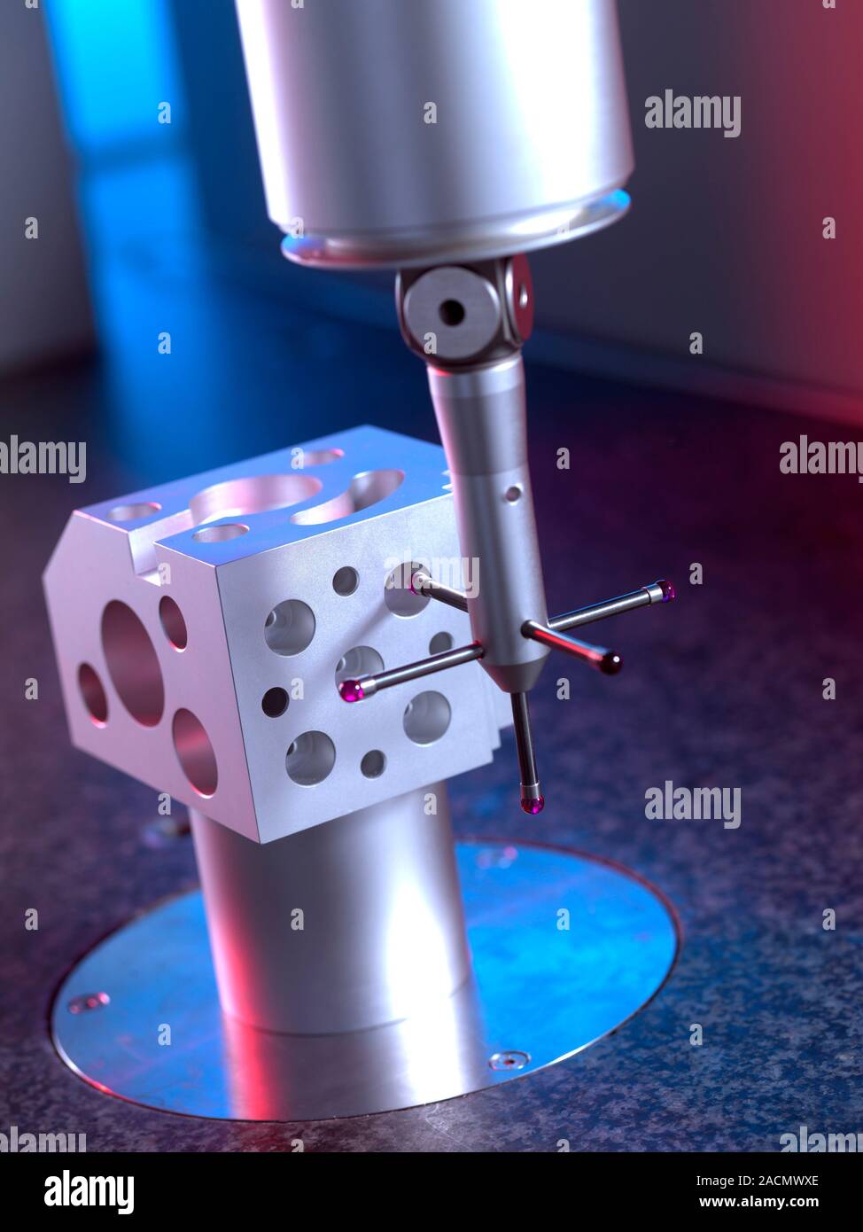 3D measurement probe use. Close-up of the probe head of a coordinate ...