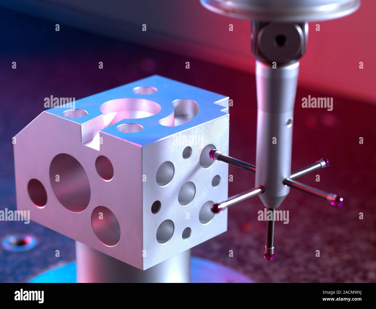 3D measurement probe use. Close-up of the probe head of a coordinate ...
