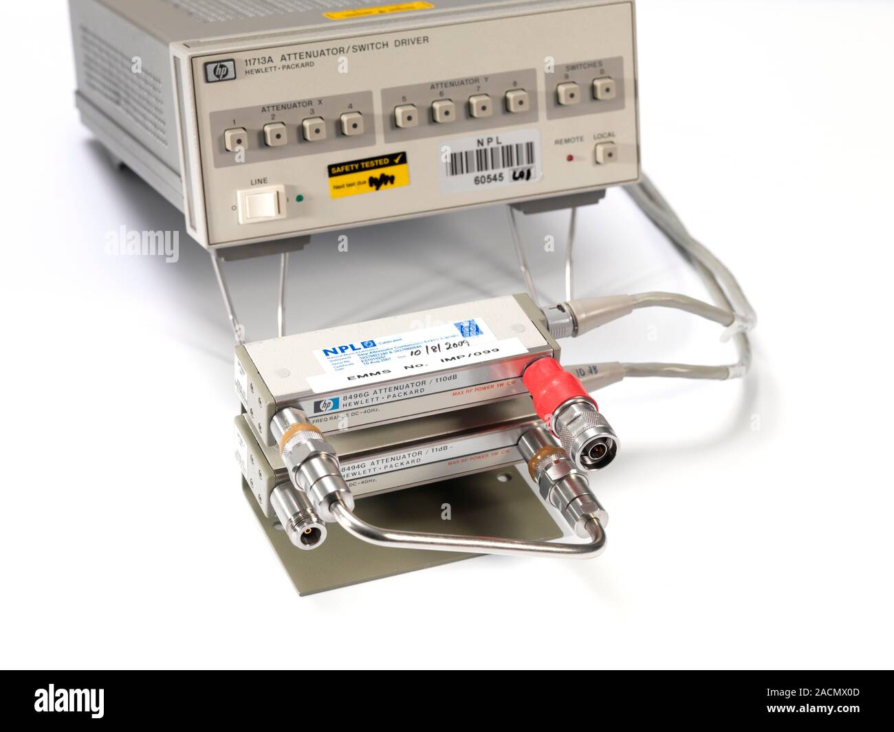 Millimetre radio waveguide testing. This metallic waveguide (lower ...