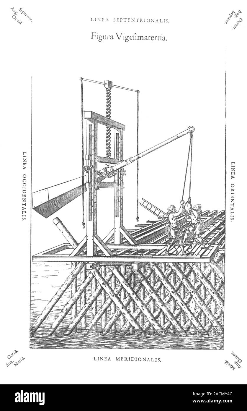 Pile driver, 16th-century artwork. This is an oblique pile driver, with ...