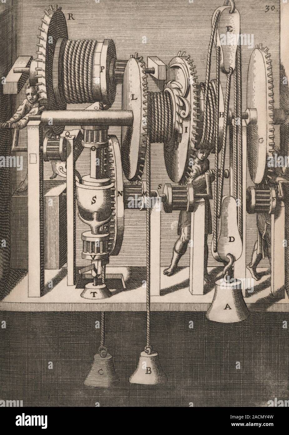 Mill cogs and gears. 17th-century artwork of the cogs and gears of a ...