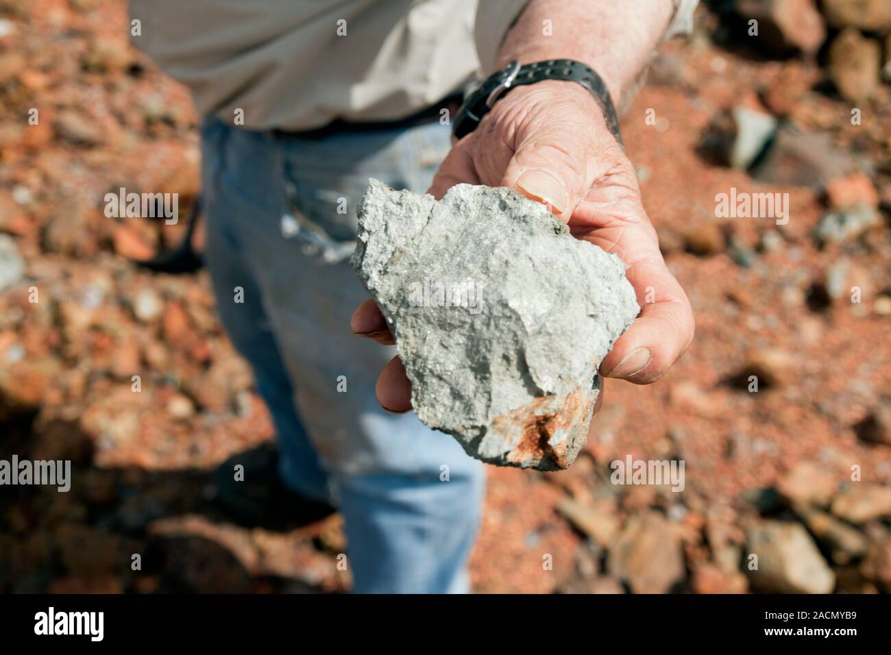 Volcanogenic massive sulphide ore deposit. Geologist holding rock from ...