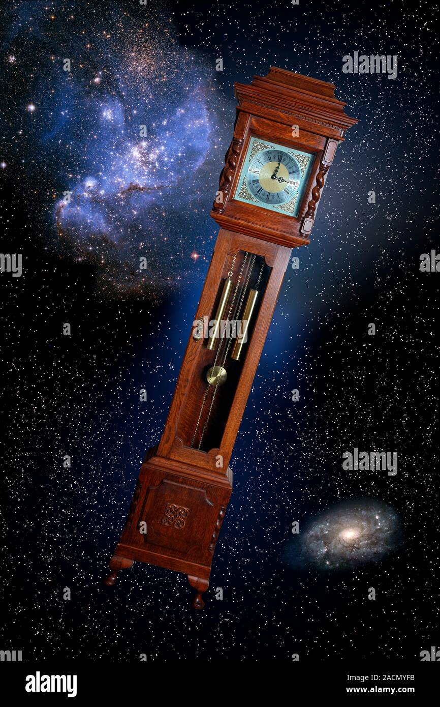 Deep time. Conceptual image of a grandfather clock in space, against a ...