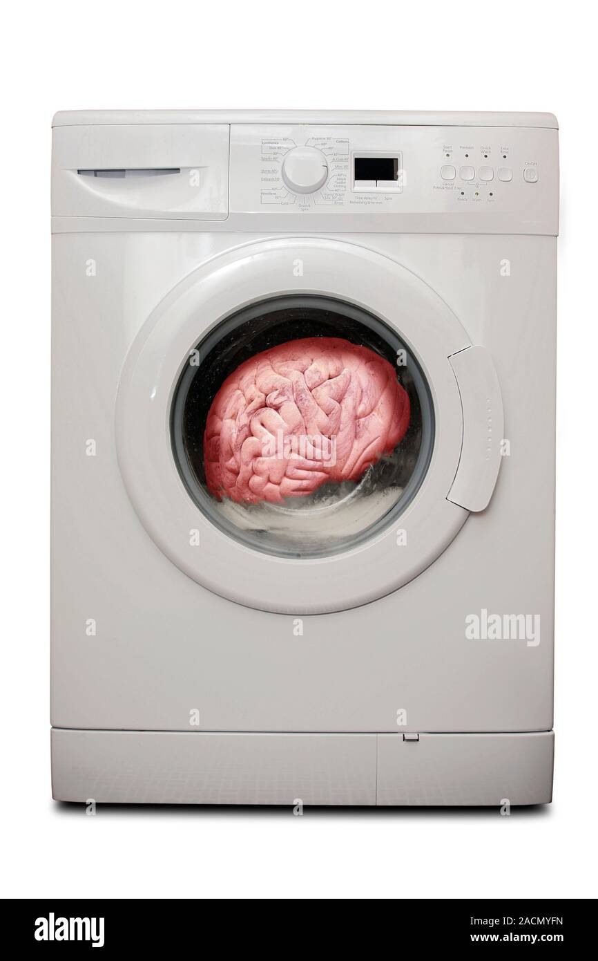 Brainwashing. Conceptual image of a brain being washed in a washing ...