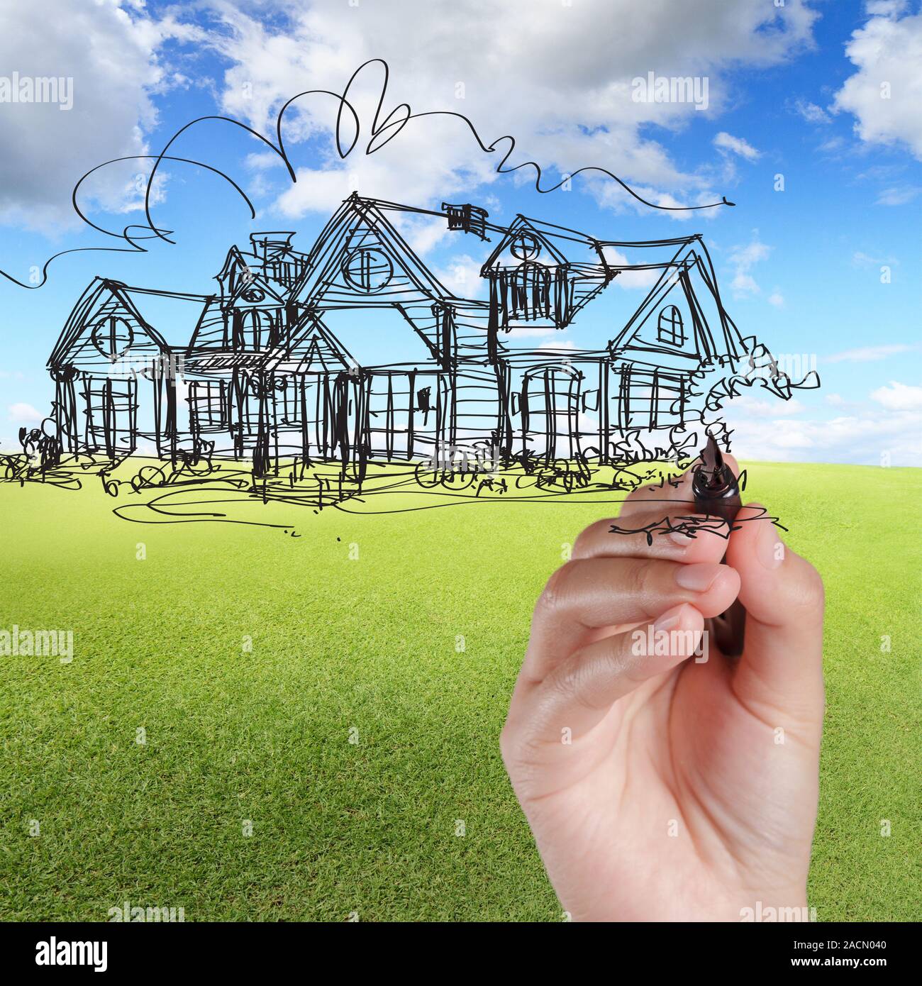hand draw house against blue sky Stock Photo - Alamy