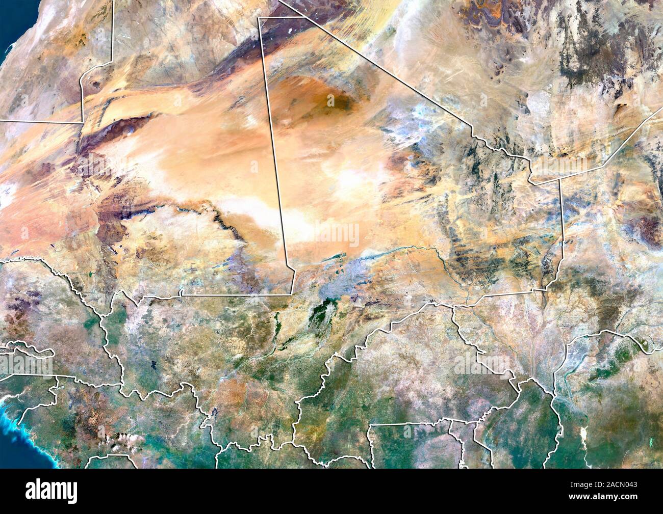 Mali, satellite image. North is at top. Natural colour satellite image ...