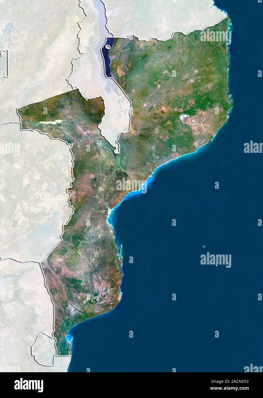 Mozambique, satellite image. North is at top. Natural colour satellite ...