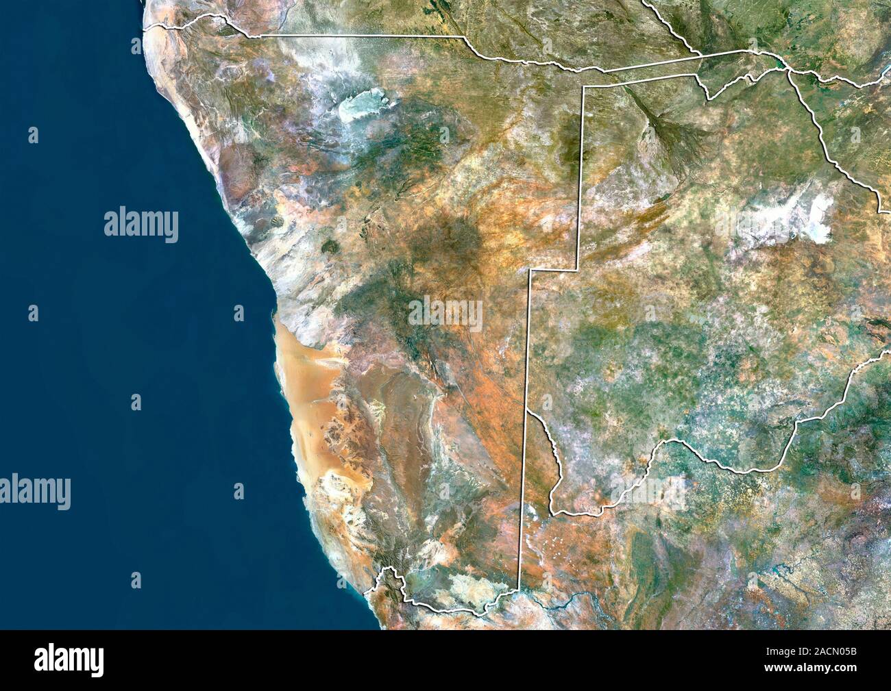 Namibia, satellite image. North is at top. Natural colour satellite image showing Namibia ...