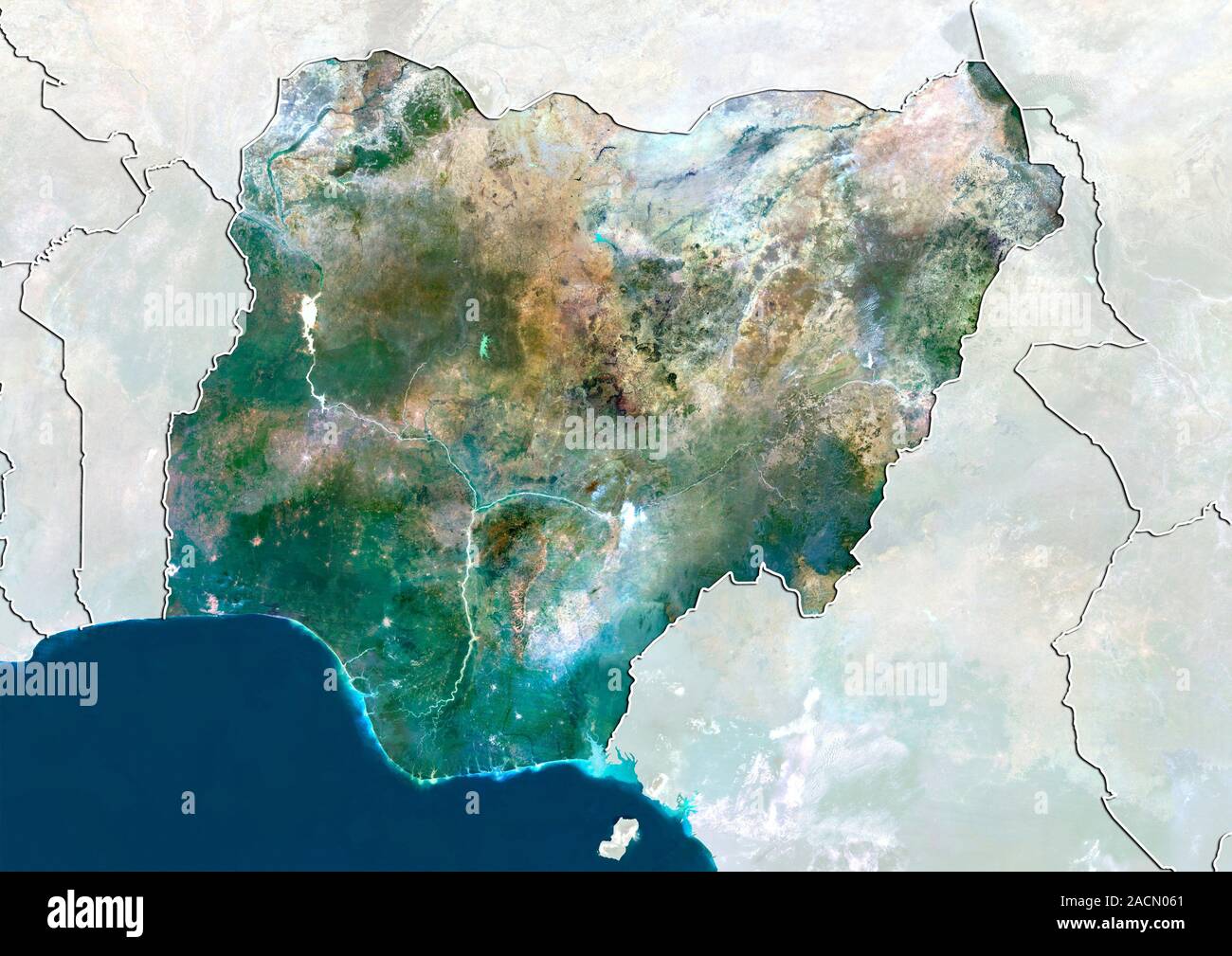 Nigeria, satellite image. North is at top. Natural colour satellite ...