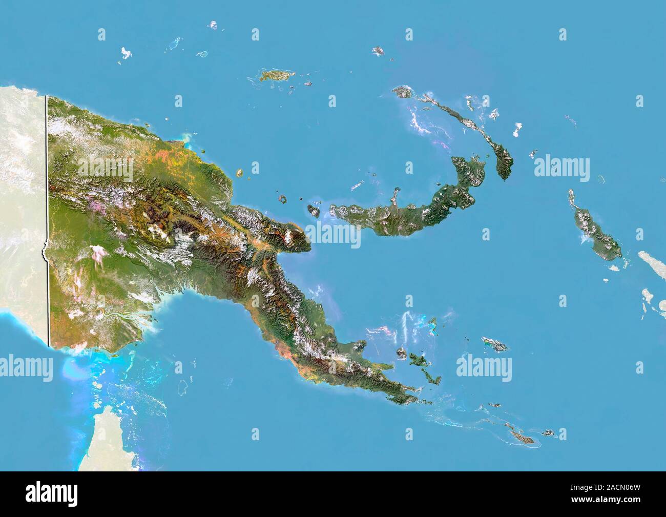 Papua New Guinea, satellite image. North is at top. Natural colour ...