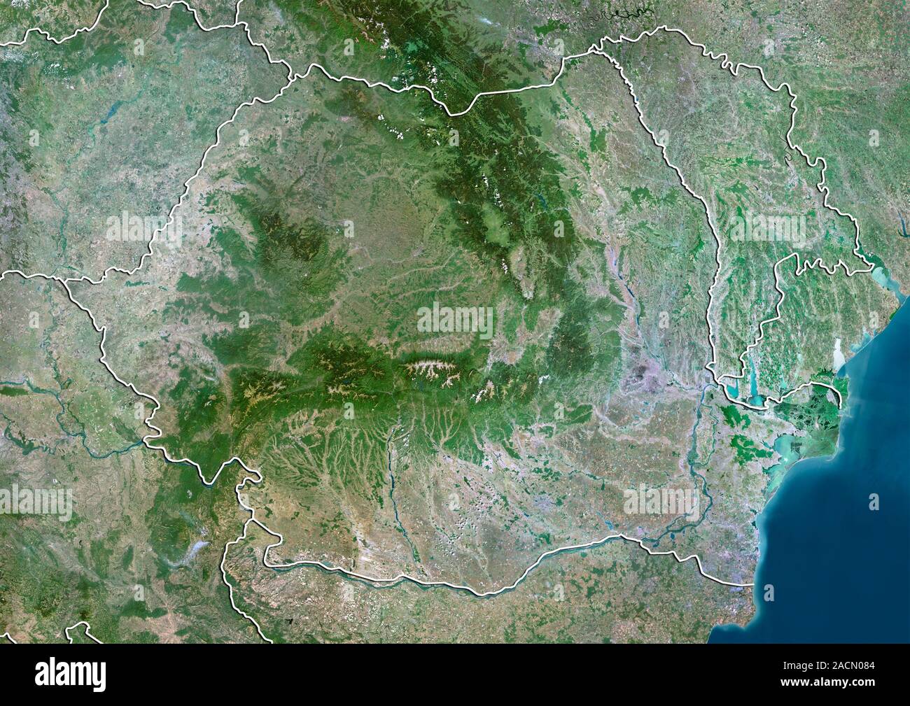 Romania, satellite image. North is at top. Natural colour satellite ...