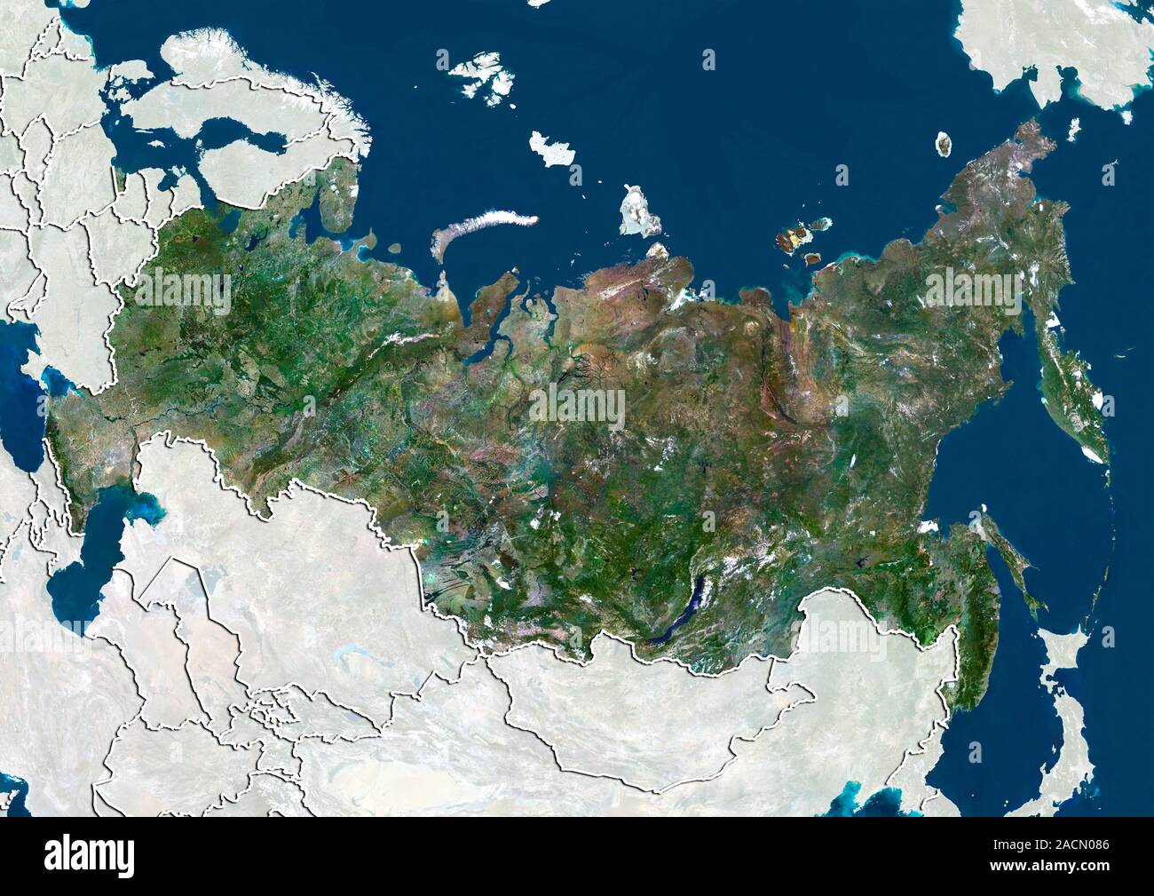 Russia, satellite image. North is at top. Natural colour satellite ...