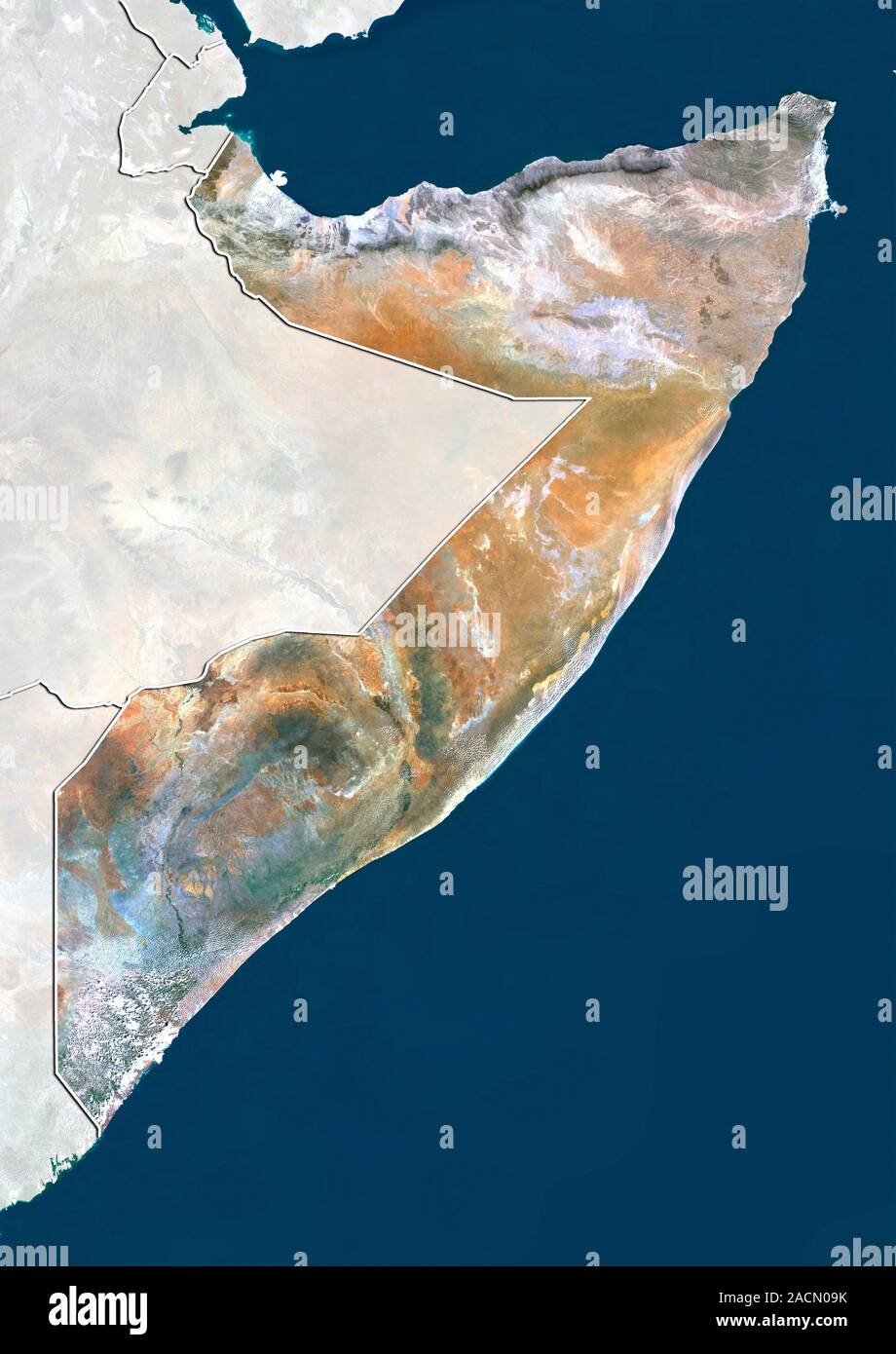 Somalia, satellite image. North is at top. Natural colour satellite ...