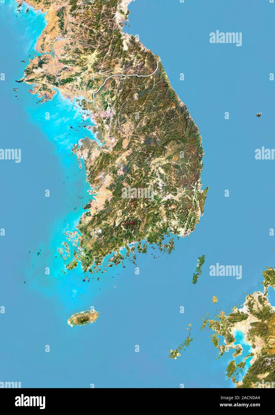South Korea, satellite image. North is at top. Natural colour satellite image showing South ...