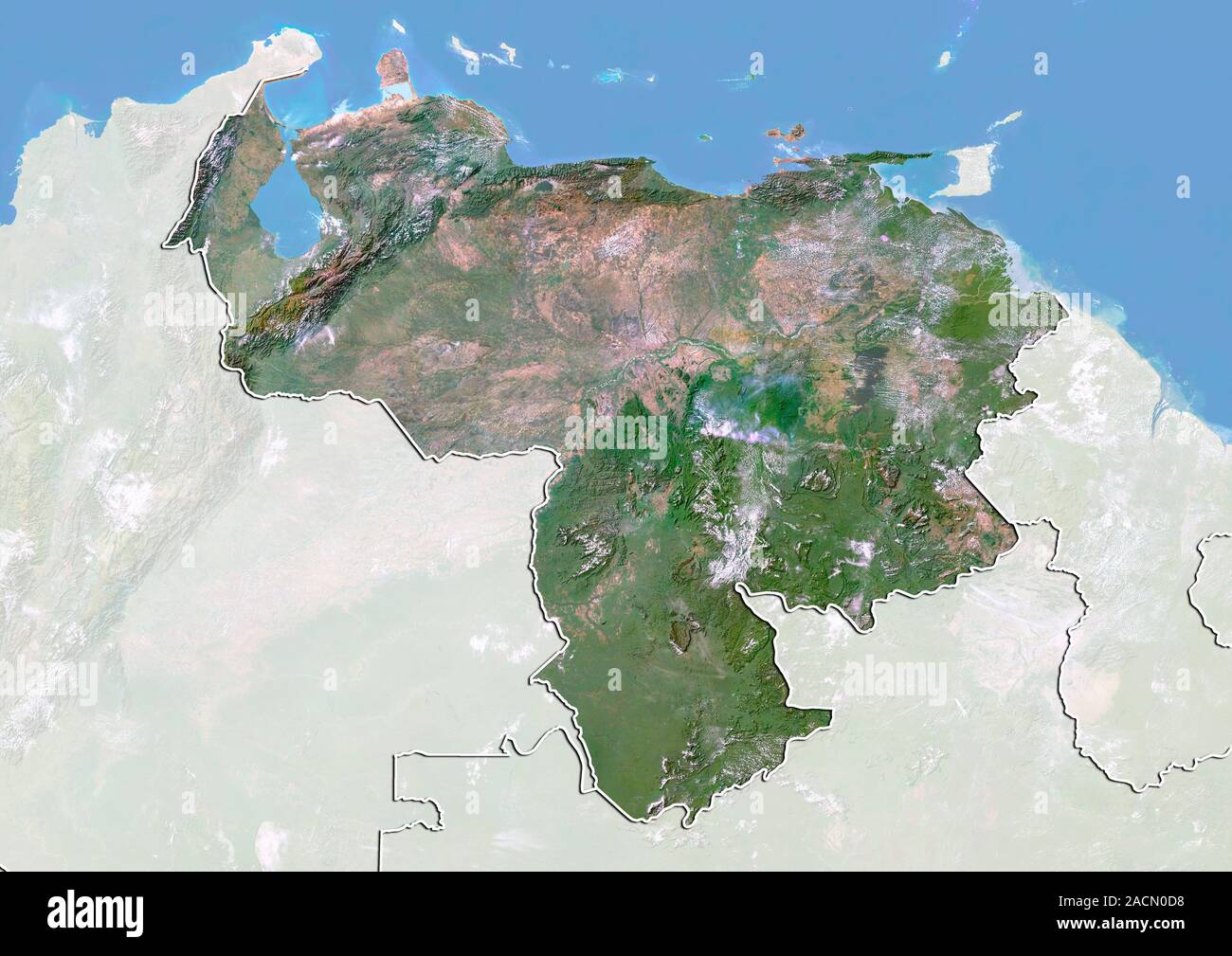 Venezuela, satellite image. North is at top. Natural colour satellite ...