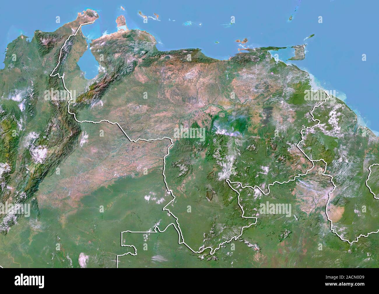 Venezuela, satellite image. North is at top. Natural colour satellite ...