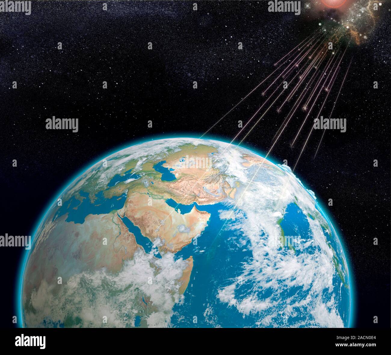 Cosmic rays, conceptual image. Computer artwork representing cosmic ...