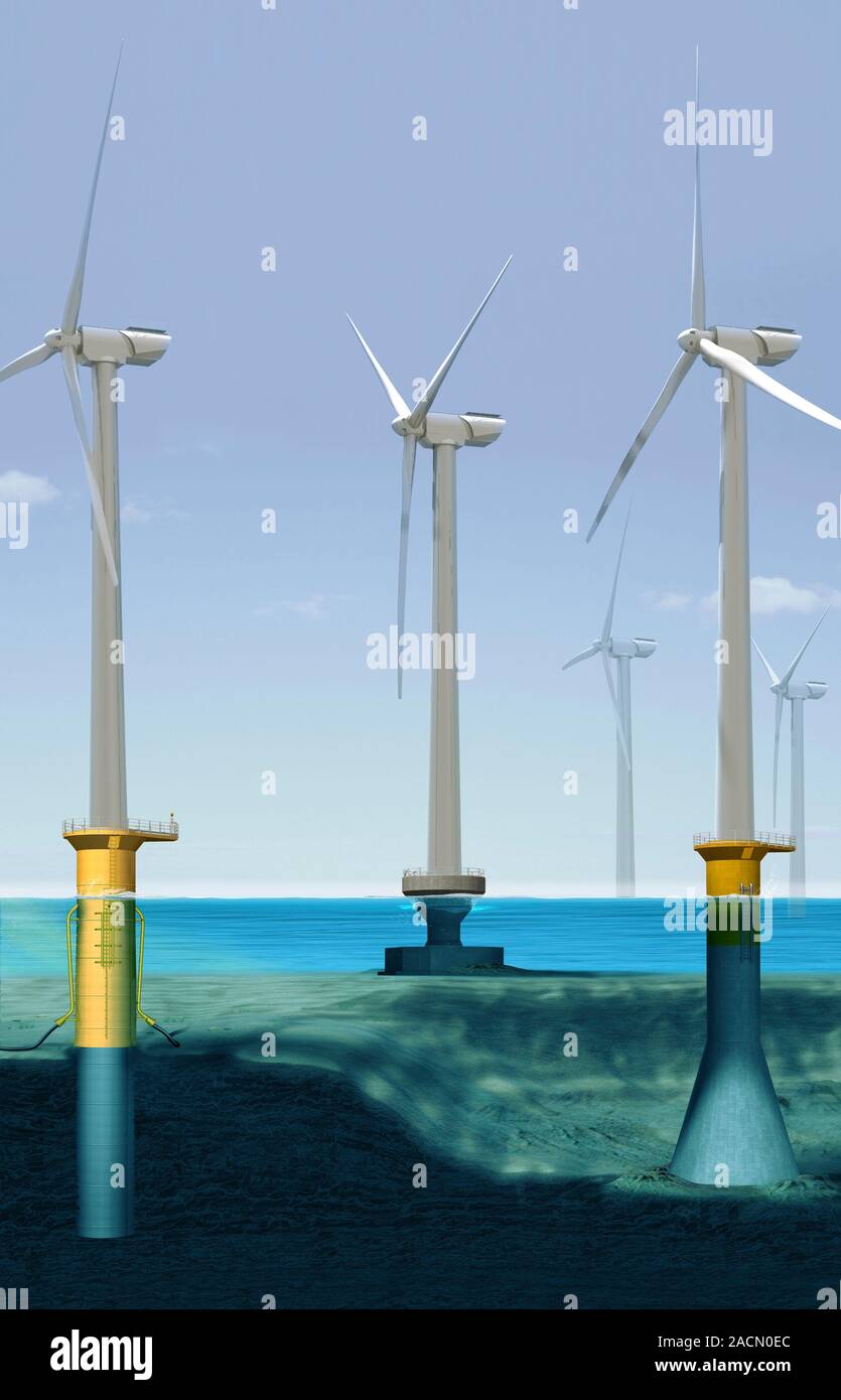 Offshore wind farm. Computer artwork showing offshore wind turbines and ...
