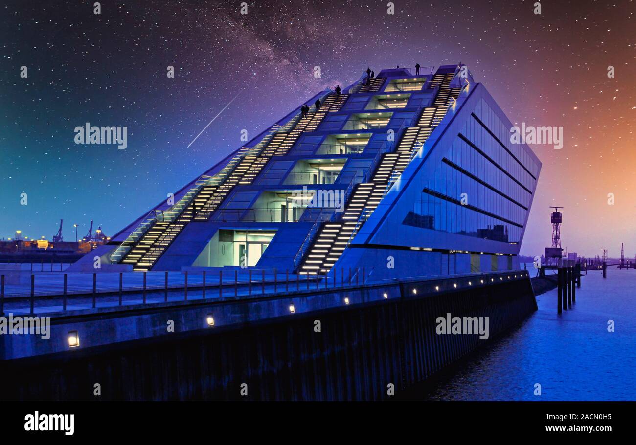 Modern office building Dockland at the Elbe at dusk, fishing port, fish ...