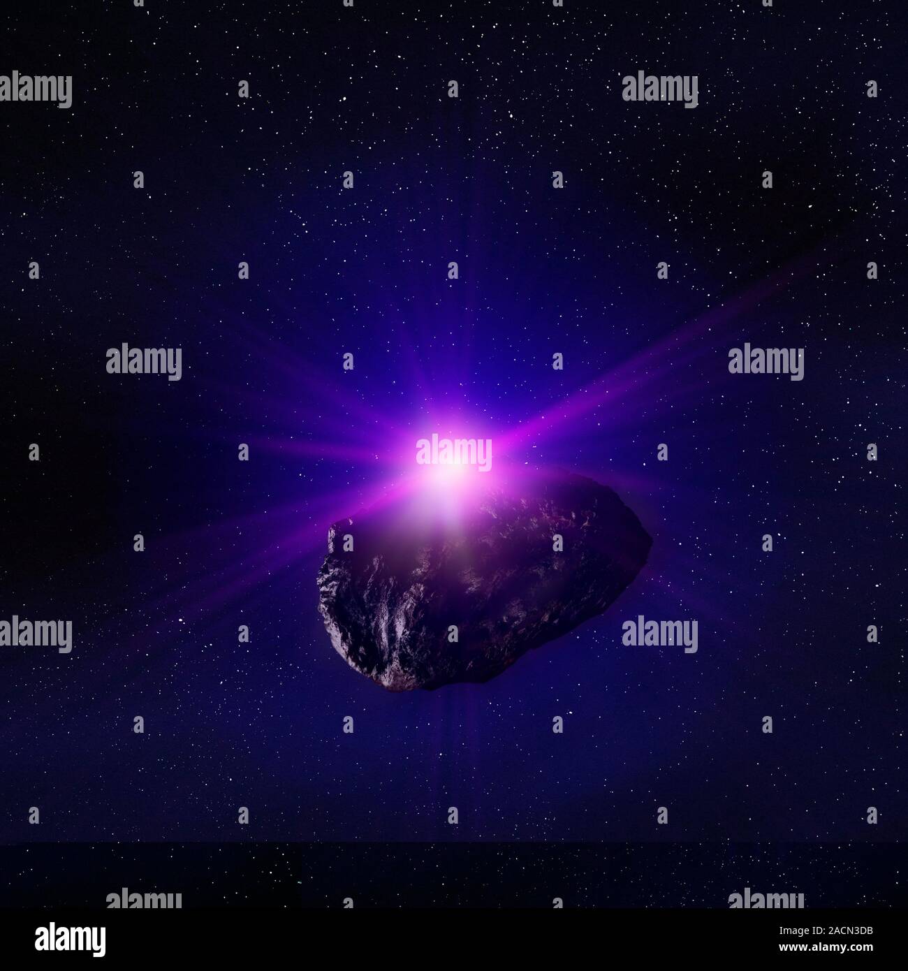 Asteroid in space, passing in front of a bright star, computer artwork ...