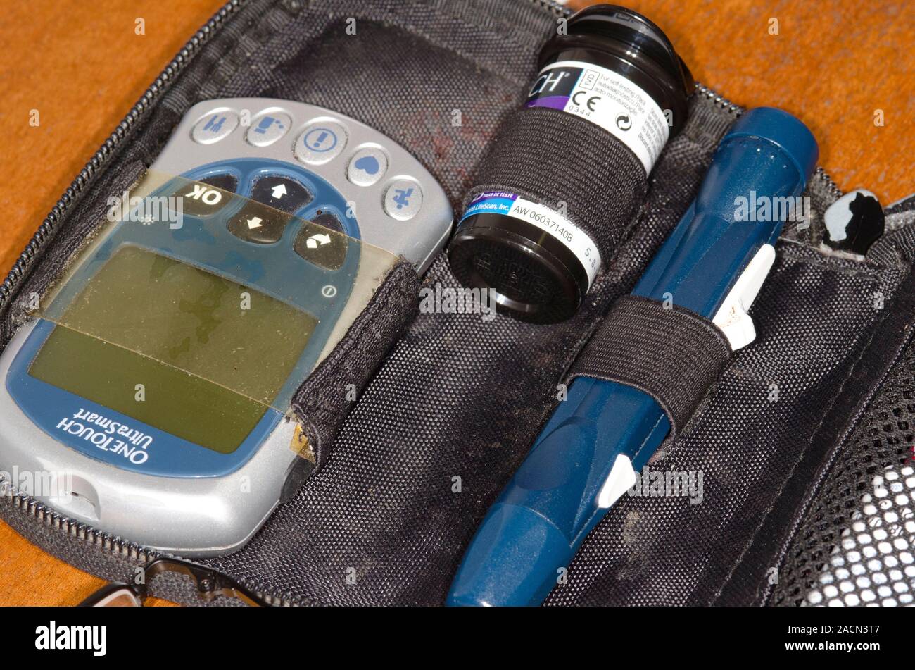 Kit used by an insulin dependent diabetic, including a blood sugar ...
