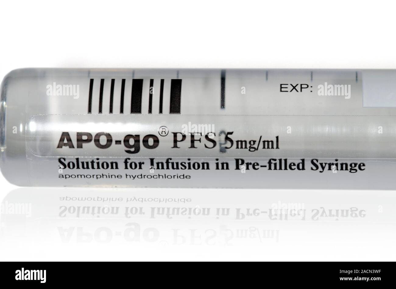 Syringe of apomorphine, a dopamine agonist drug used to treat symptoms ...
