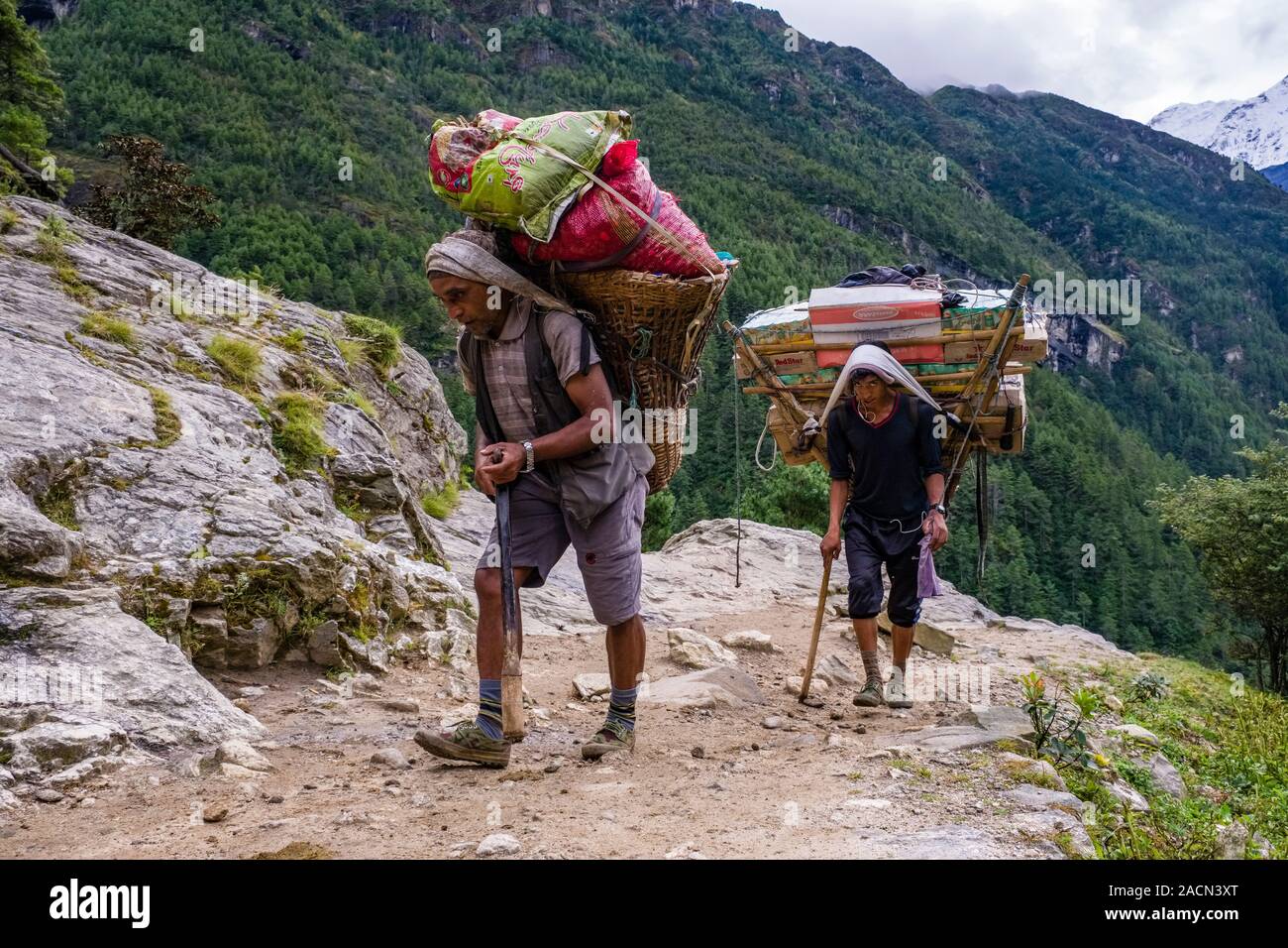 Porters carrying heavy loads up a steep path, goods will be for sale at ...