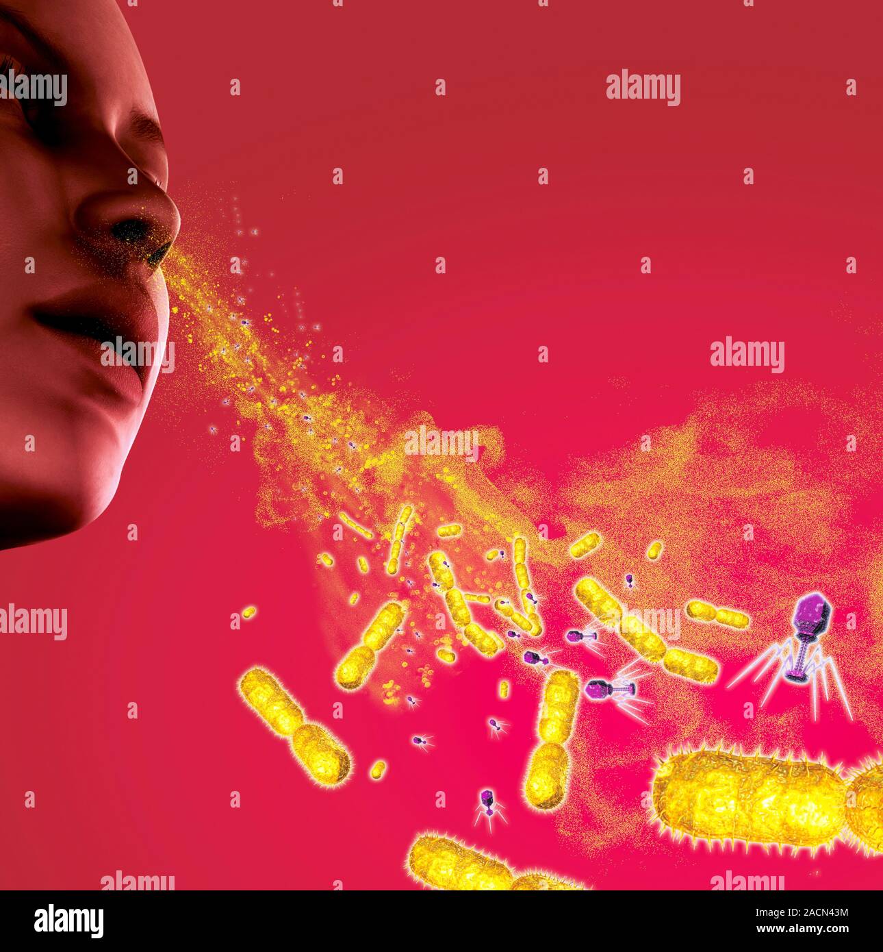 Infections spread by sneezing. Computer artwork showing virus particles ...
