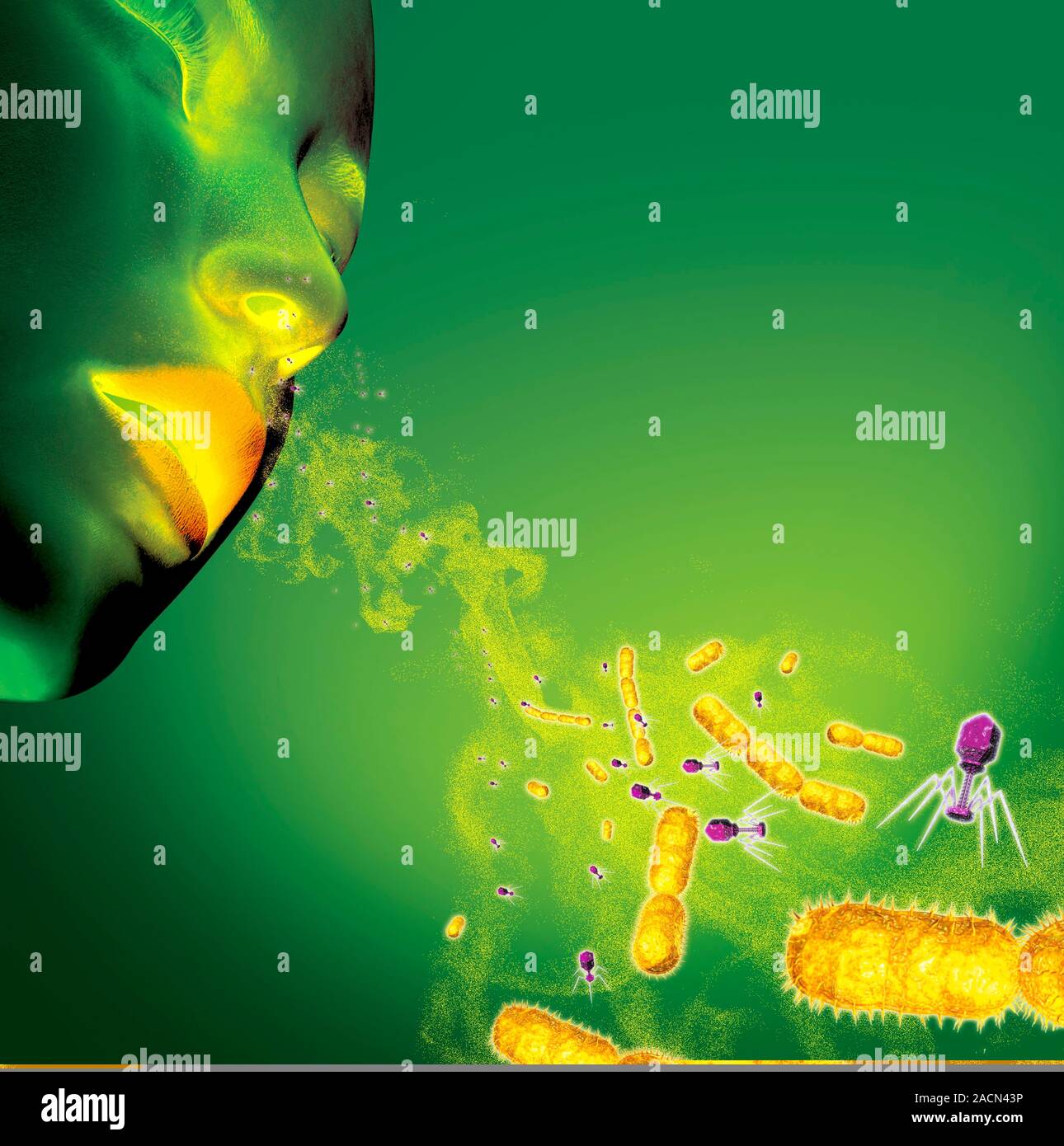Infections spread by sneezing. Computer artwork showing virus particles ...