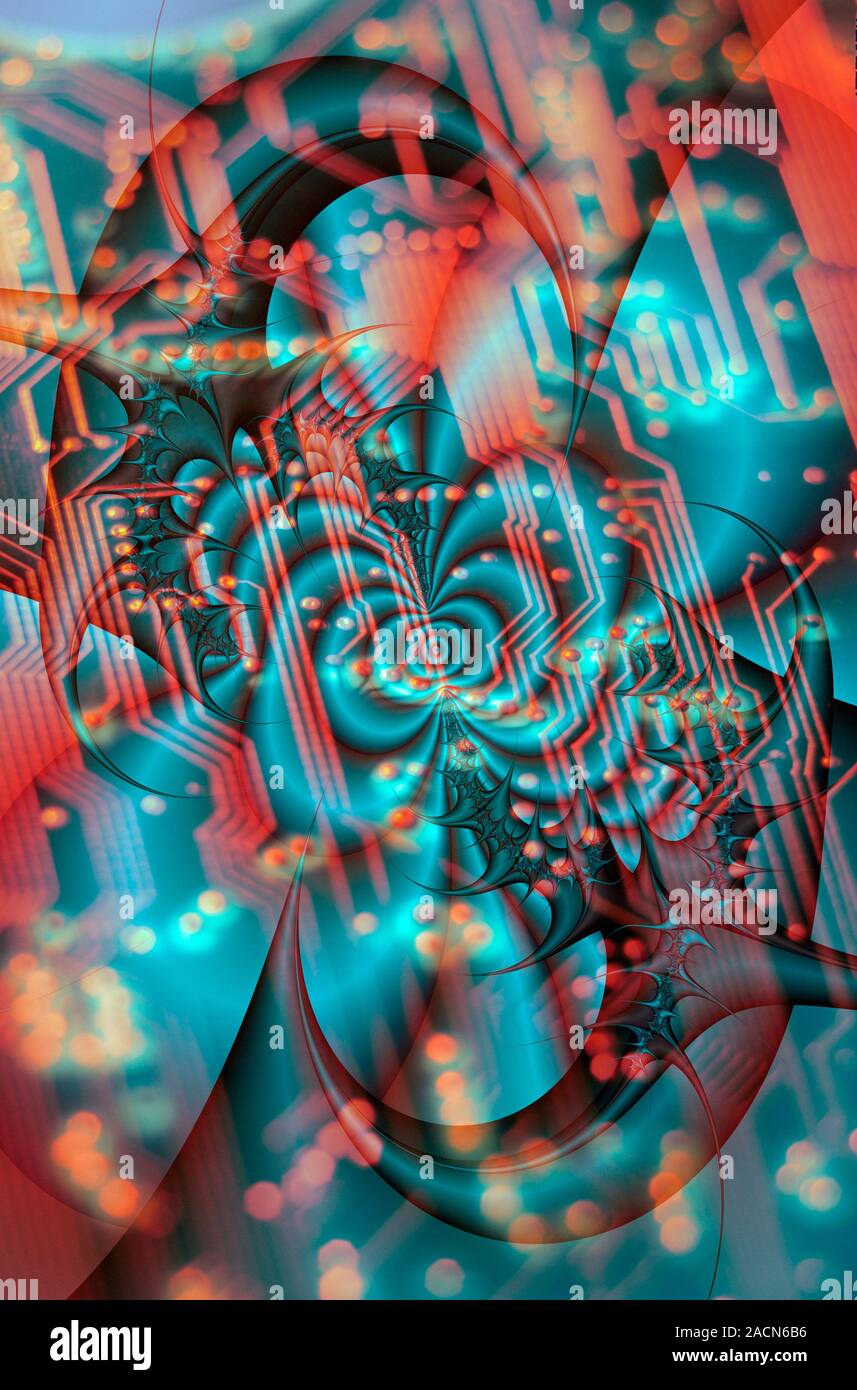 Quantum computing. Conceptual artwork of patterns (green) against a ...