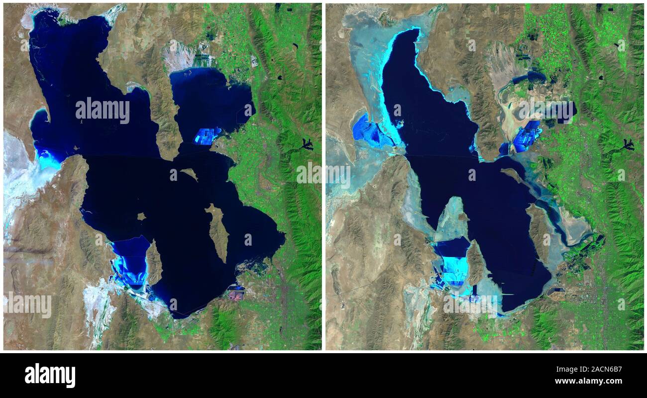 Great Salt Lake, USA, 1985-2010. Landsat satellite photographs showing ...