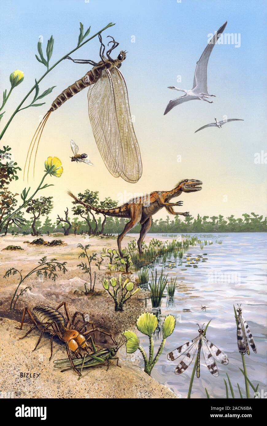 Cretaceous of Brazil. Artwork of a coastal lagoon scene reconstructed ...