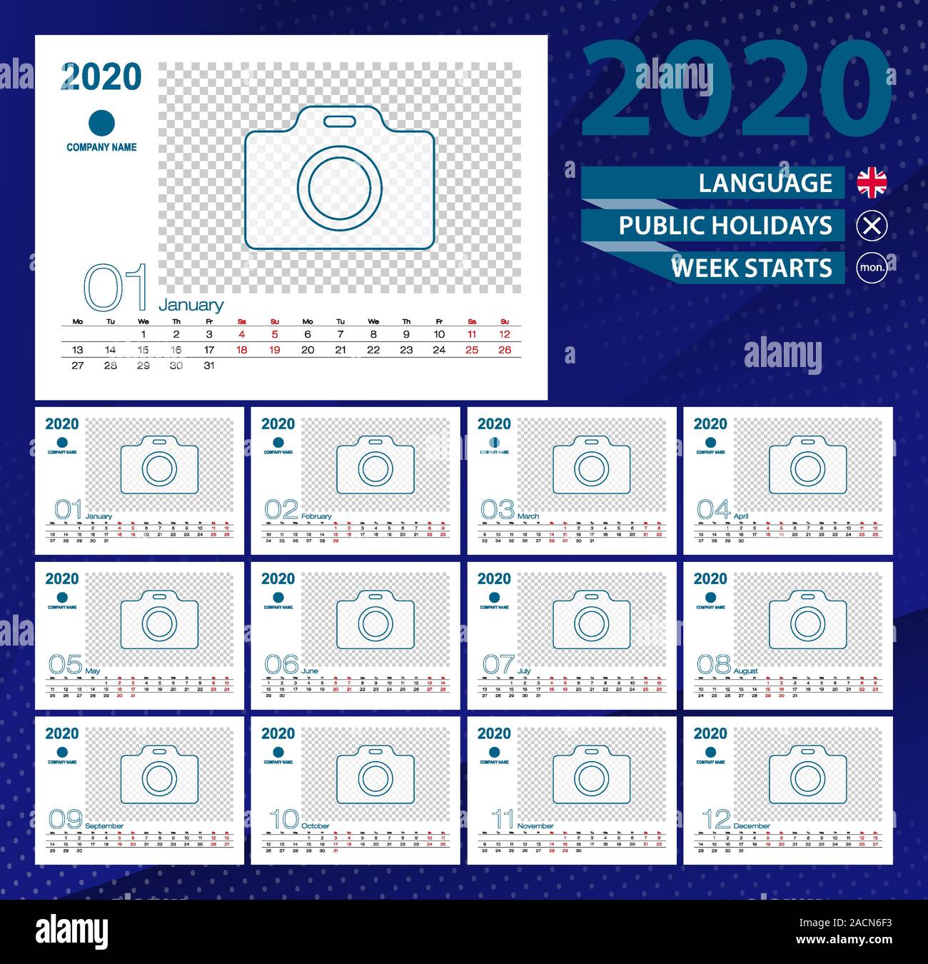 Desk calendar 2020, 2 week grid in English. Place for photo for ...