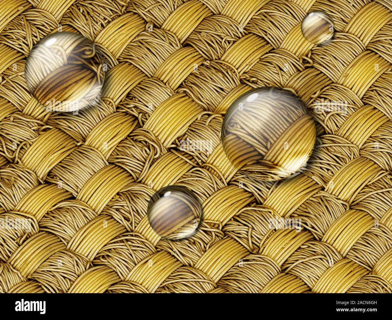 Waterproof material with water droplets, coloured scanning electron ...