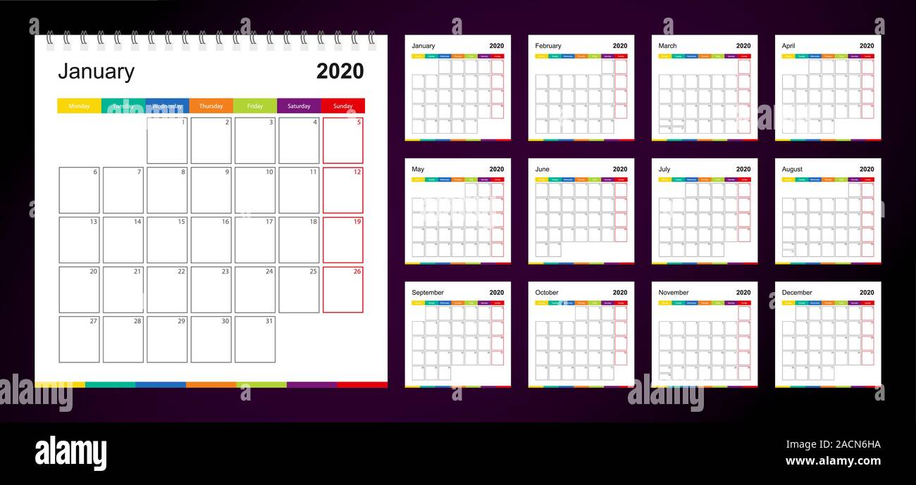 Colorful wall calendar for 2020 on dark background, week starts on ...